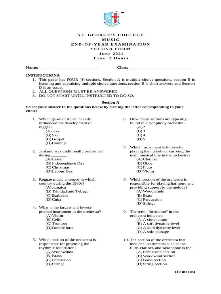 Music 2nd Form Exam June 2024 | PDF | Orchestras | Woodwind Instruments