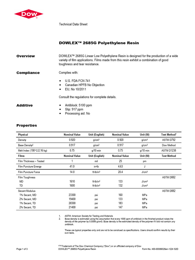 400 00089026en Dowlex 2685g Polyethylene Resin | PDF | Electronic ...