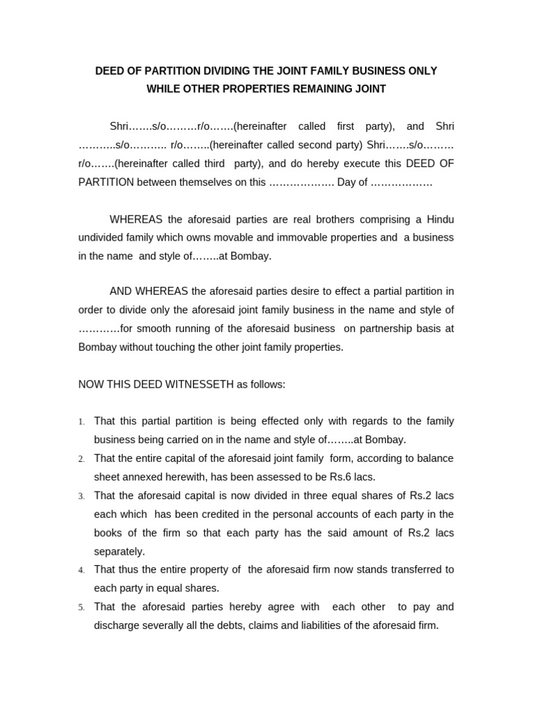 Deed of Partition Dividing The Joint Family Business Only While Other ...