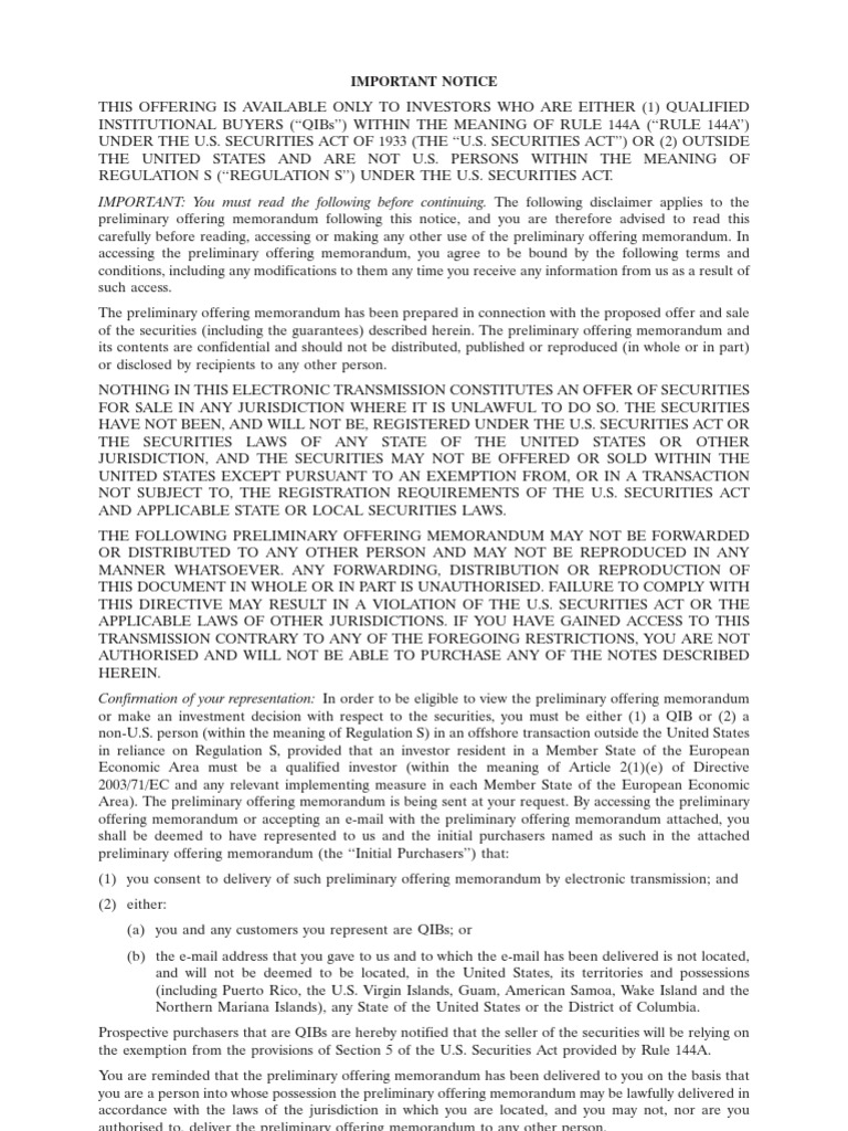 Viridian Preliminary Offering Memorandum | PDF | Securities Act Of 1933 ...