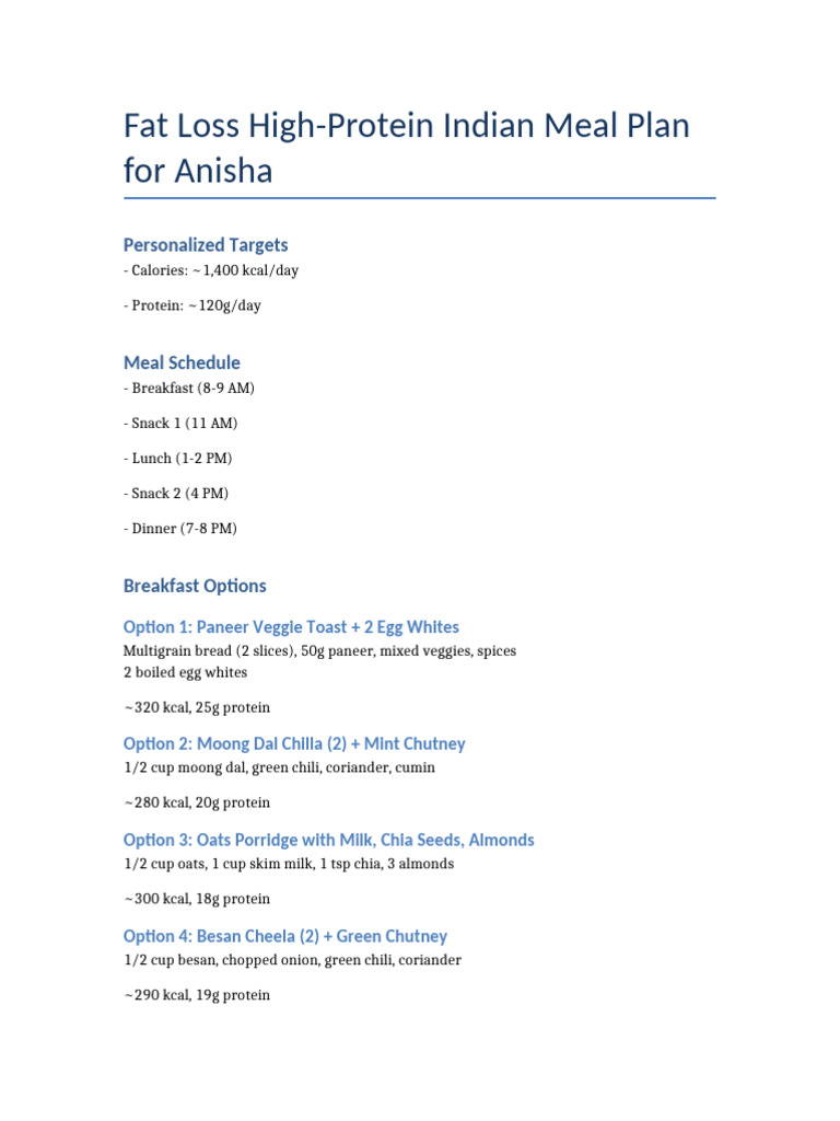 Fat Loss High Protein Meal Plan Anisha | PDF | Indian Cuisine | Foods