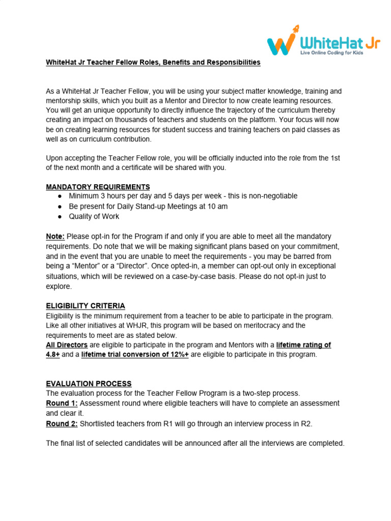 Teacher Fellowship Program - Details | PDF | Mentorship | Teachers