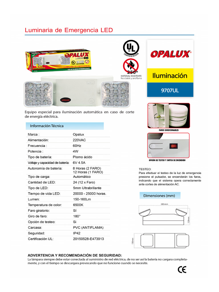 Lampara de Emergencia Opalux 9707ul de 8 Hrs | PDF