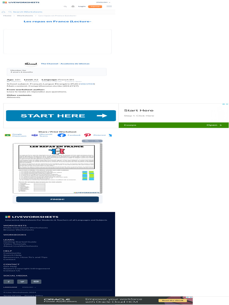 Les Repas en France FLE A2 | PDF