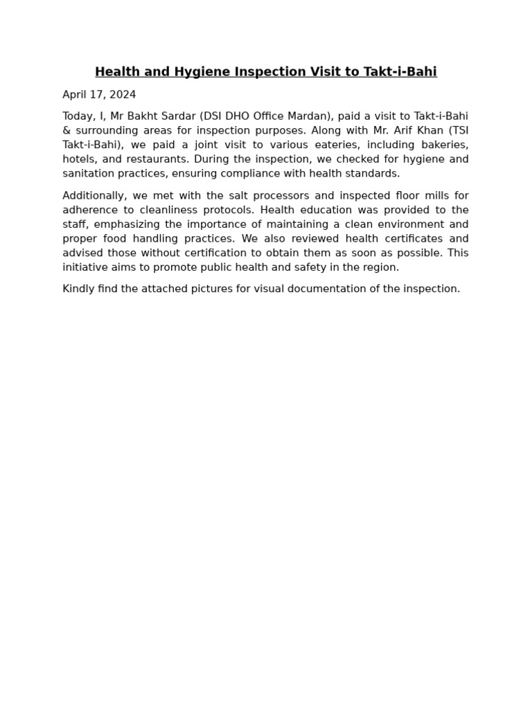 Health and Hygiene Inspection Visit To Takt-i-Bahi | PDF