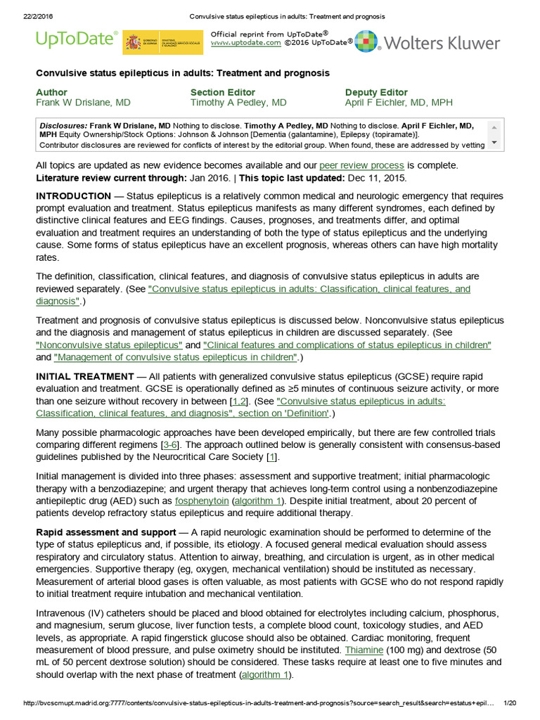 Convulsive Status Epilepticus in Adults_ Treatment and Prognosis | PDF ...
