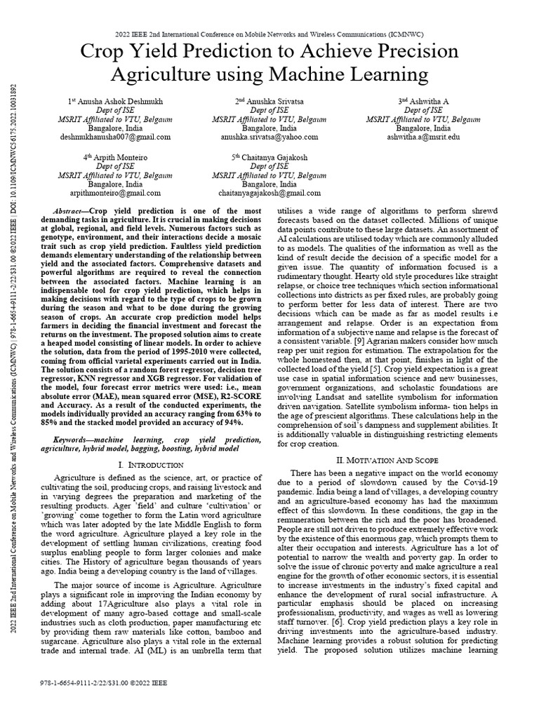 Crop Yield Prediction To Achieve Precision Agriculture Using Machine Learning | PDF | Mean ...