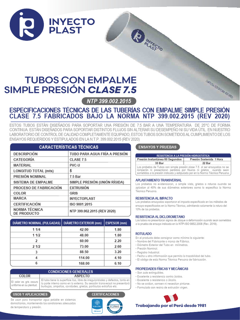 Familia Tubos Clase 7.5 | PDF | Presión | Extrusión