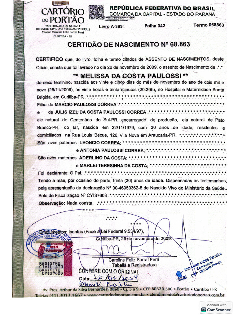 Certidao Nascimento Melissa | PDF