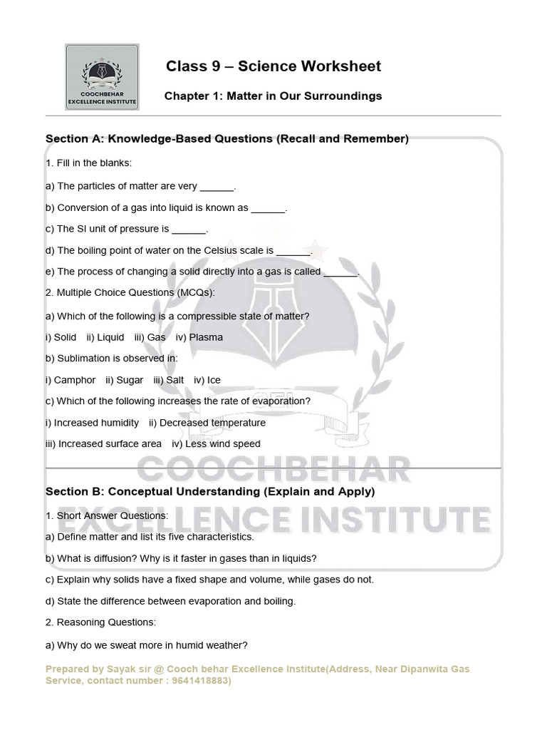 Class 9 Chapter 1 Worksheet | PDF | Gases | Liquids