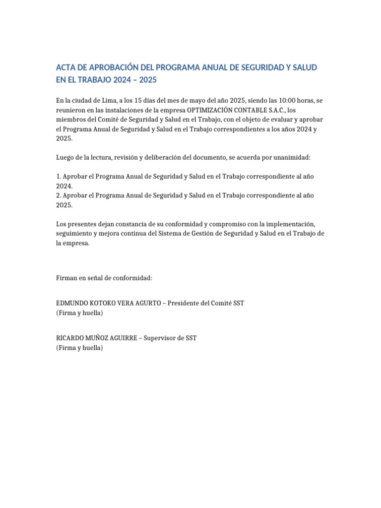 Acta Aprobacion Programa SST 2024 2025 LISTA | PDF