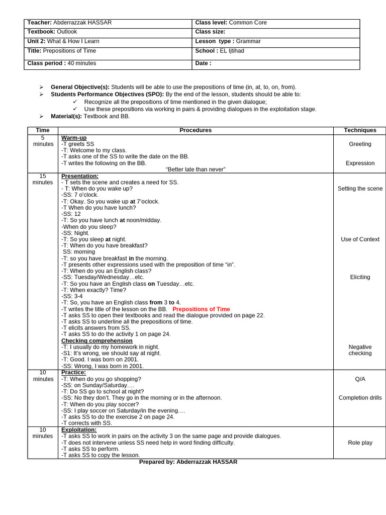 Prepositions of Time Lesson Plan | PDF | Linguistics