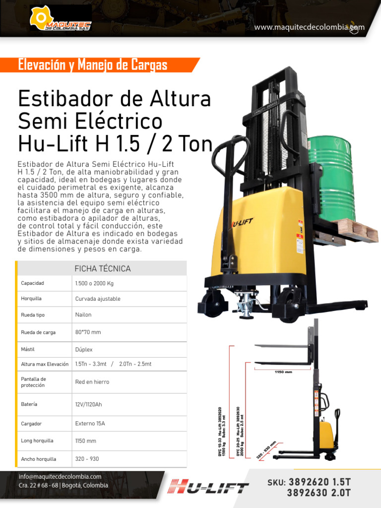 FT Estibador de Altura Semi Electrico Hu Lift H 1.5 2 Ton Maquitec de ...