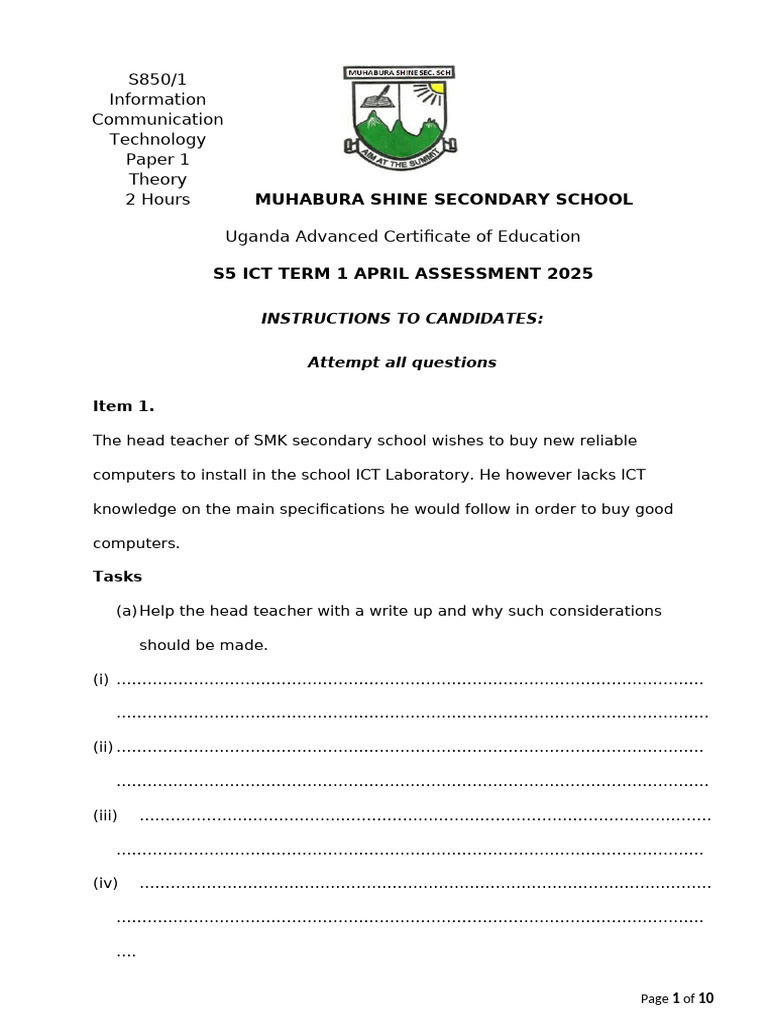s5 Ict Term 1assessment 2025 | PDF | Educational Technology | Waste