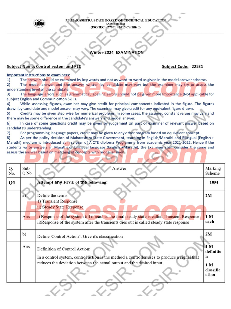 Control Systems and PLC 22531 Winter 2024 Model Answer. | PDF