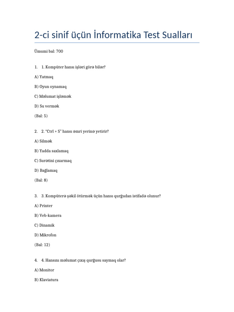 2ci Sinif Informatika Test Suallari Final | PDF