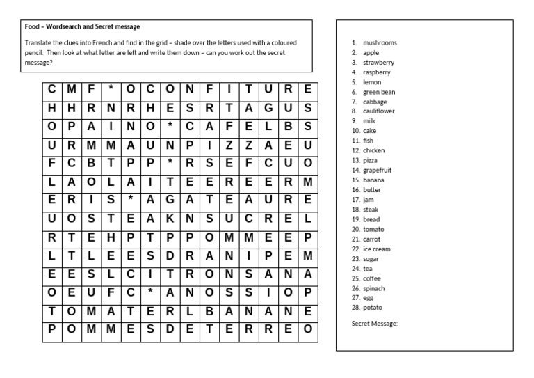 Food Wordsearch and Secret Message | PDF | Western Cuisine | Cooking