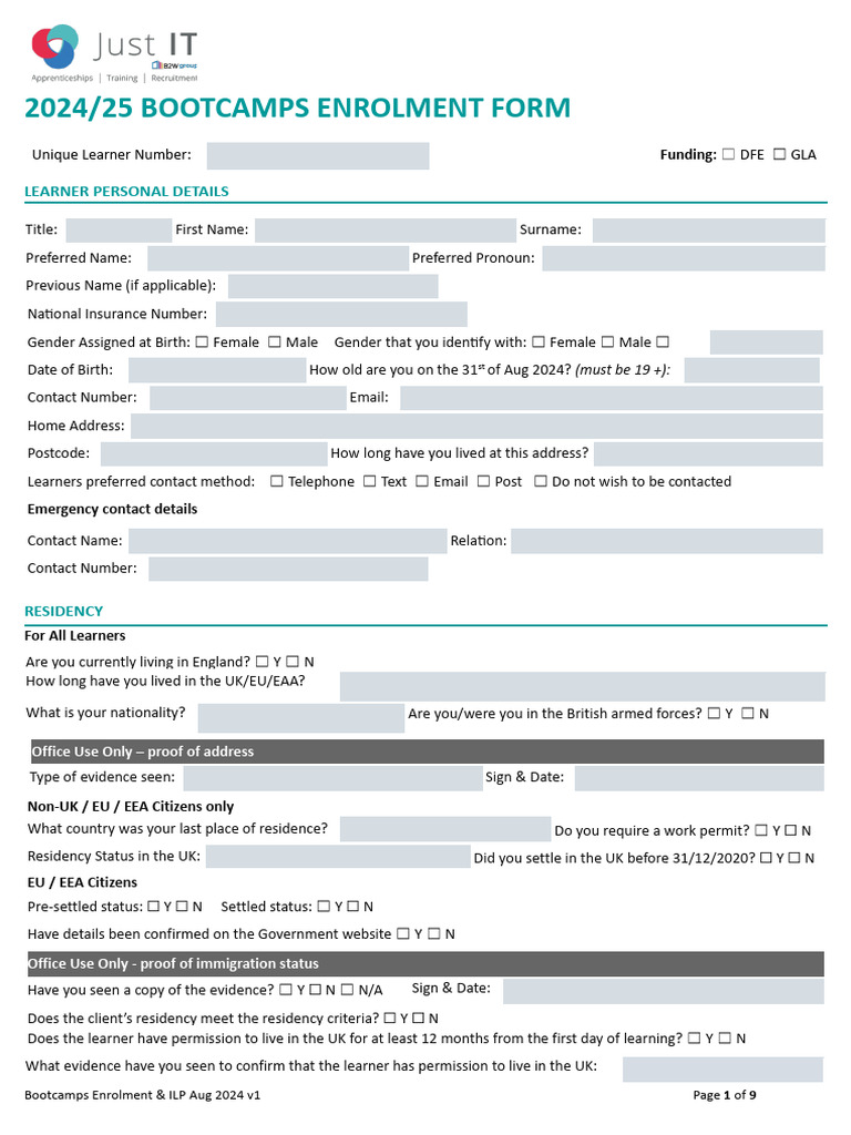 Enrolment Form - Bootcamps GLA and DfE - Aug 2024 v2 | PDF | Academic ...