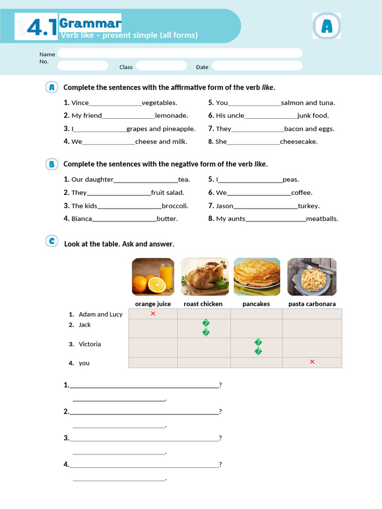 Present Simple Verb "Like" Exercises | PDF