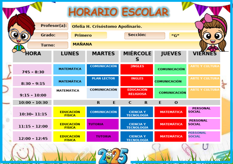 Horario Escolar 1° G-1 | PDF