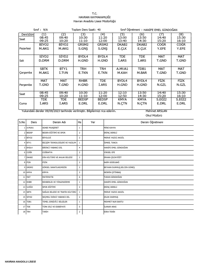 09 09 2023 Sinif Programlari | PDF