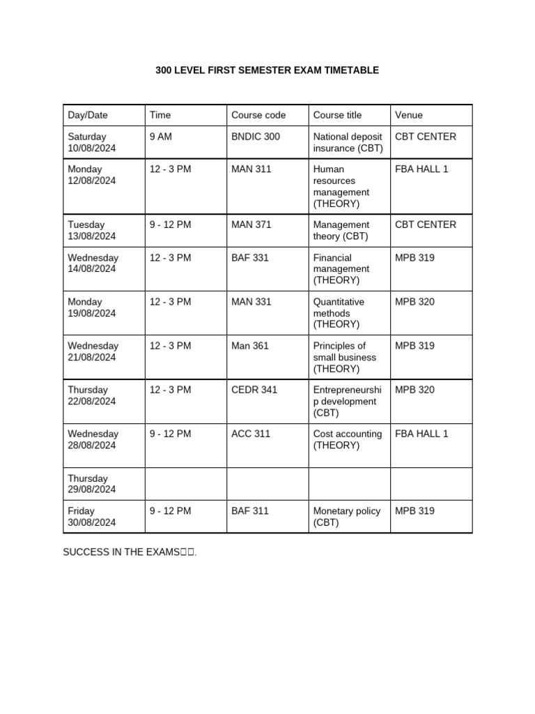 300 Level 1st Semester Exams Timetable | PDF