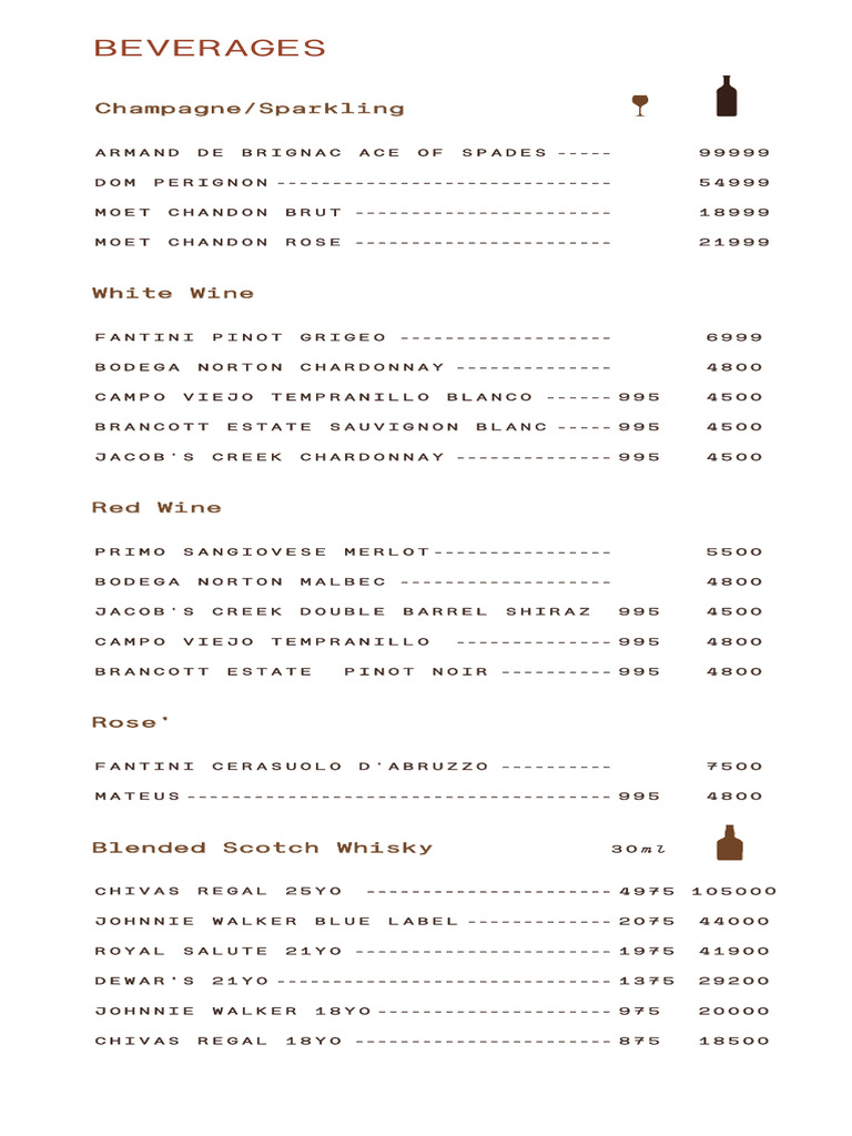 Covah Beverages Menu | PDF | Whisky | Distilled Drinks
