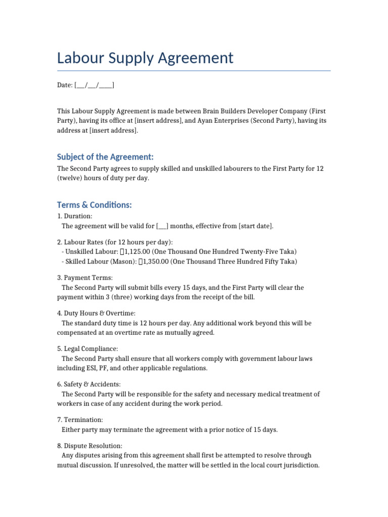 Labour Supply Agreement Template | PDF