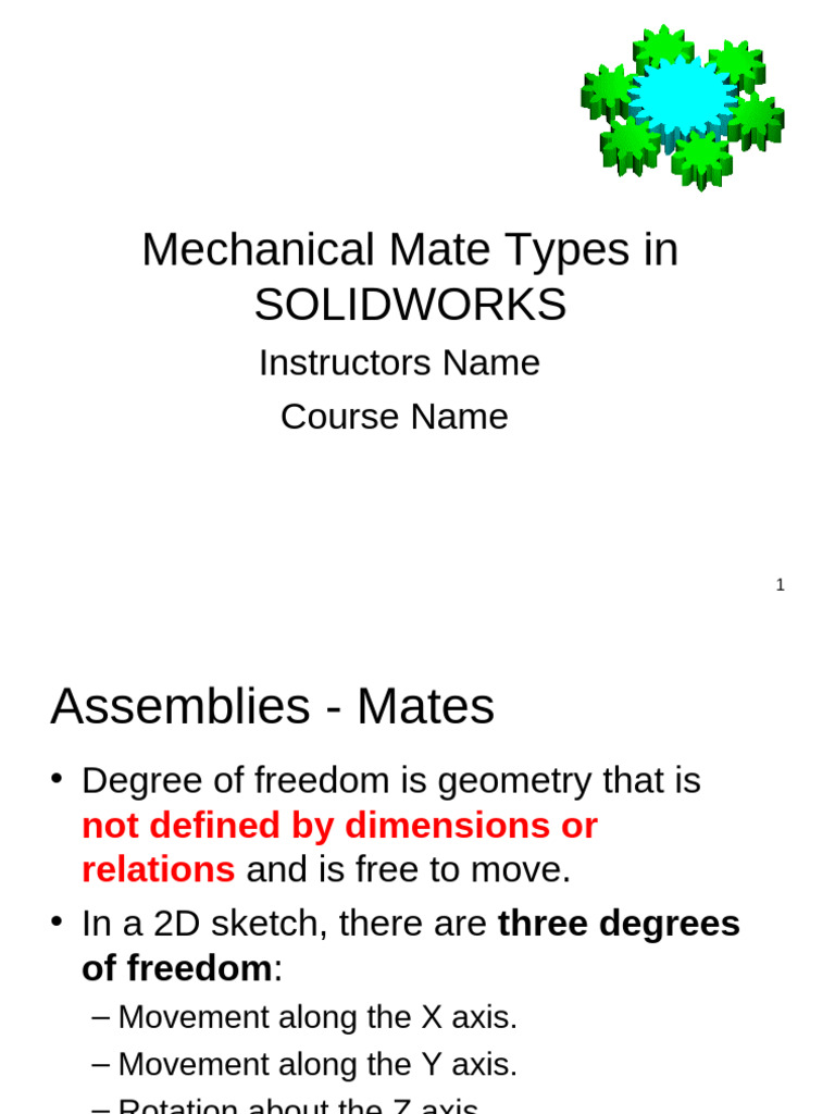 Mechanical Mate Types in SOLIDWORKS | PDF | Rotation | Gear