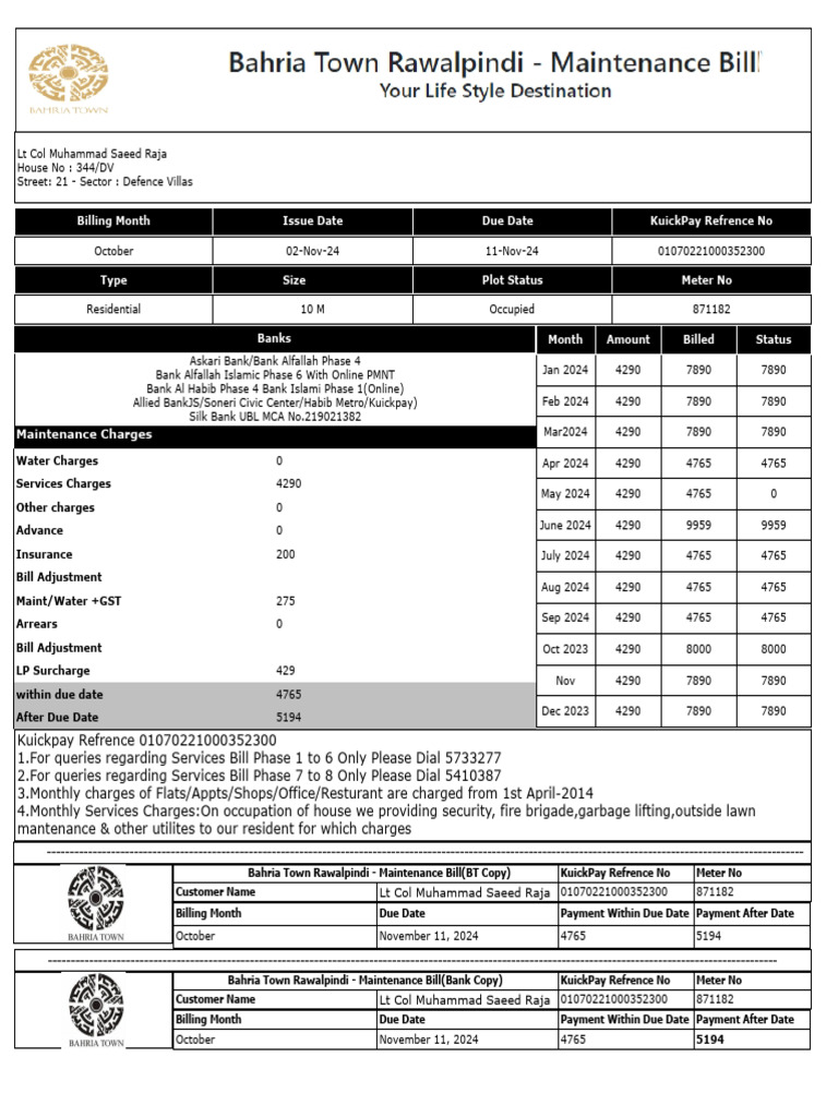 Billing Month Issue Date Due Date Kuickpay Refrence No: Maintenance ...