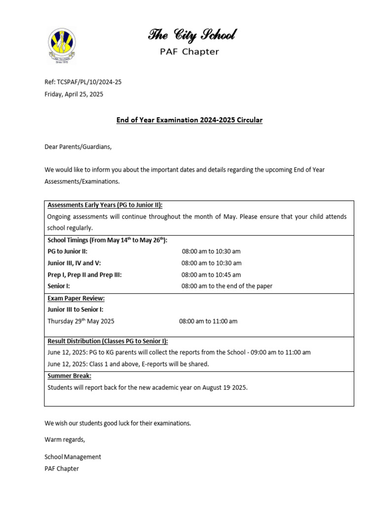 EOY Exam Circular 2024-2025 | PDF
