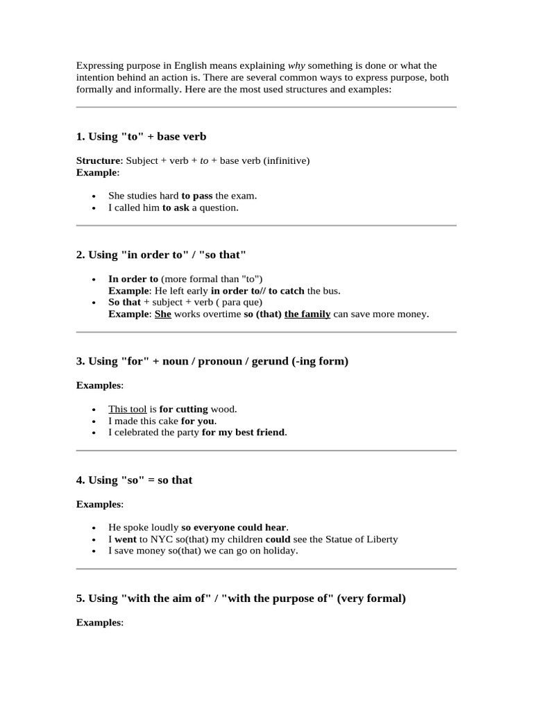 Expressing Purpose in English | PDF | Verb | English Language