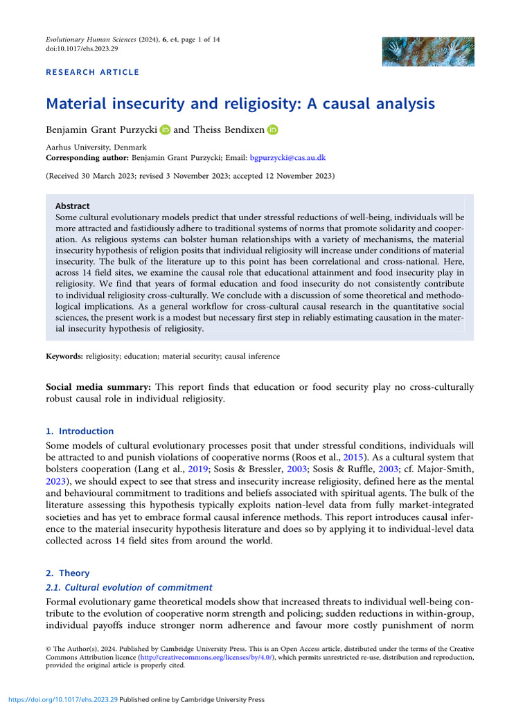 Purzycki - Material Insecurity and Religiosity | PDF | Causality | Dependent And Independent ...