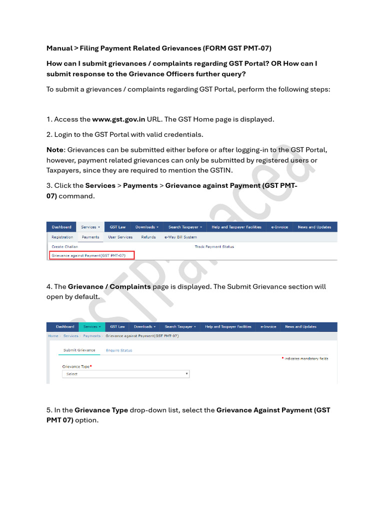 Manual - Filing Payment Related Grievances (FORM GST PMT-07) | PDF ...