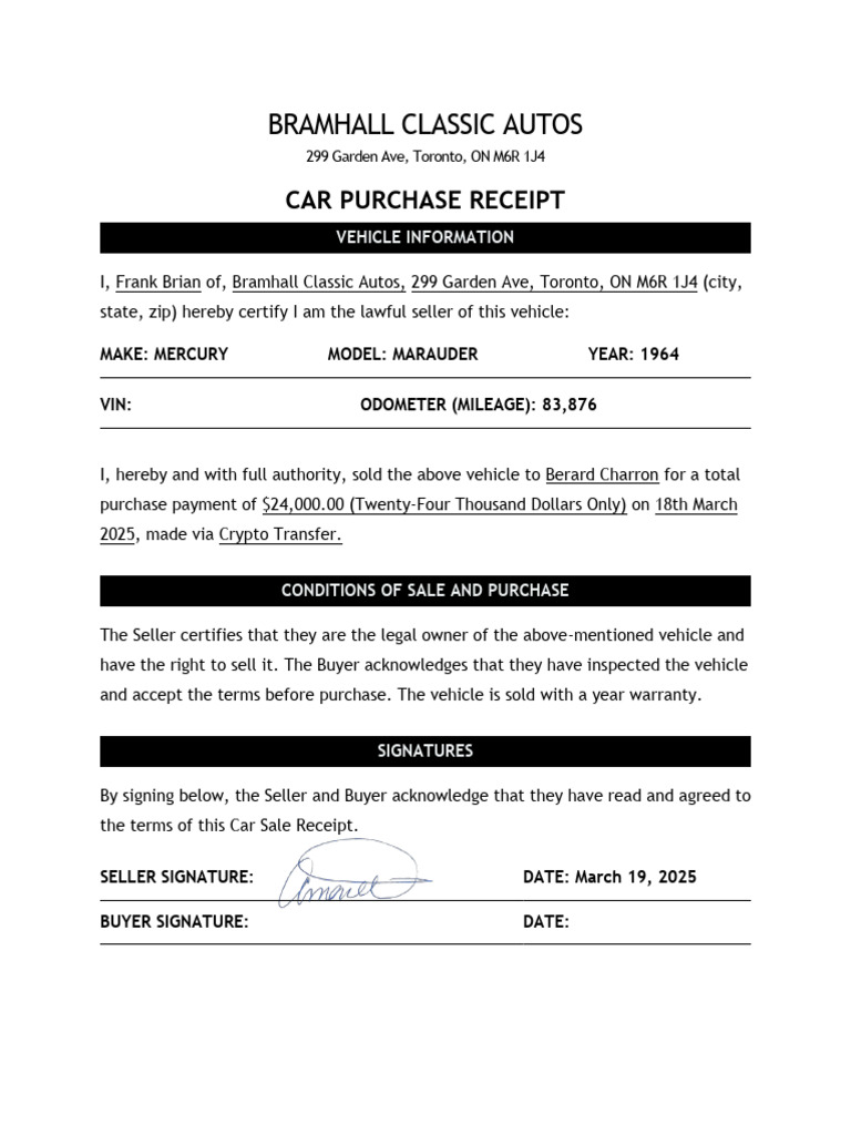 1964 Mercury Marauder Sale Receipt | PDF