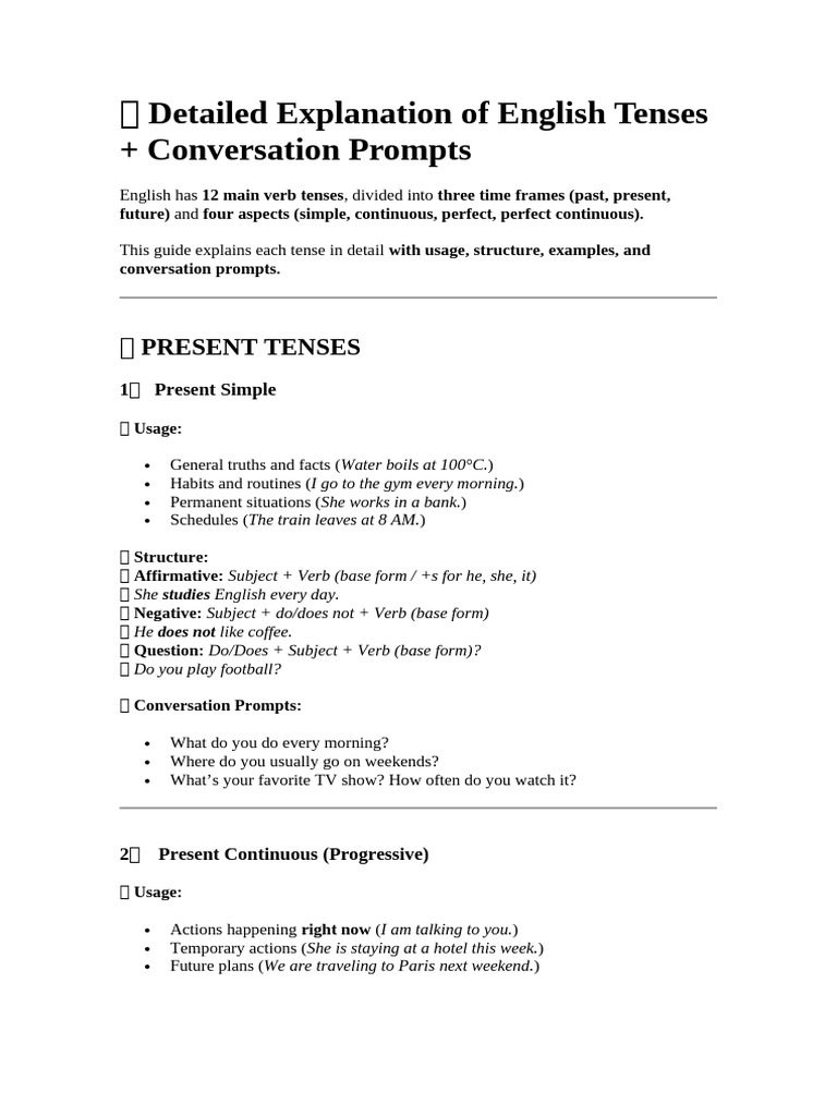 ? Detailed Explanation of English Tenses | PDF | Grammatical Tense ...