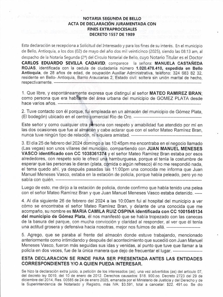 Declaracion Juramentada Manuela | PDF