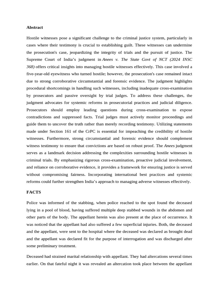 Case Comment On Anees v. The State Govt of NCT (2024 INSC 368 | PDF | Witness | Prosecutor