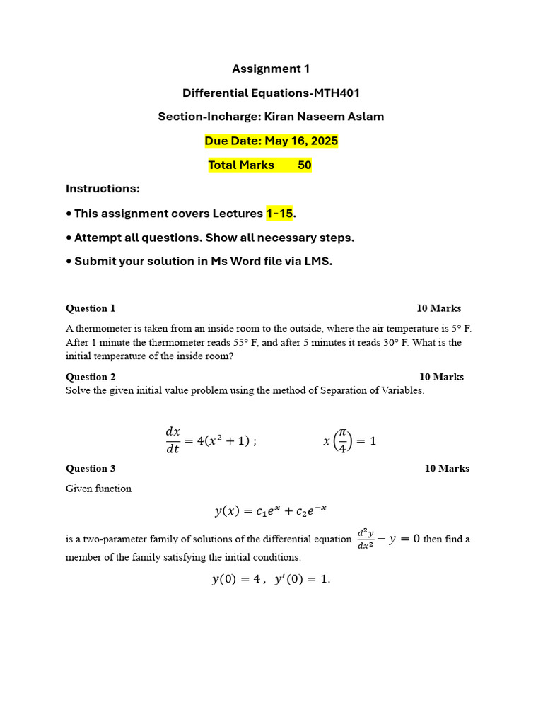 MTH401 Assignment 1 Solutions 2025 | PDF