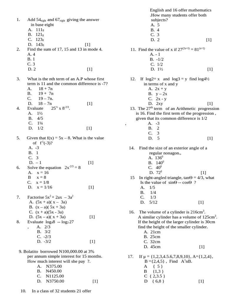 SS3 Ist Term Practice Questions | PDF | Mathematical Analysis ...