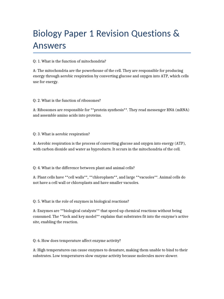 Biology Paper 1 Revision Questions and Answers | PDF | Cellular ...