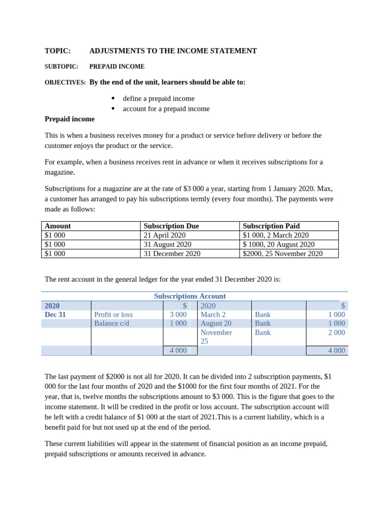 Adjustments To The Income Statement - Prepaid Income | PDF | Balance ...