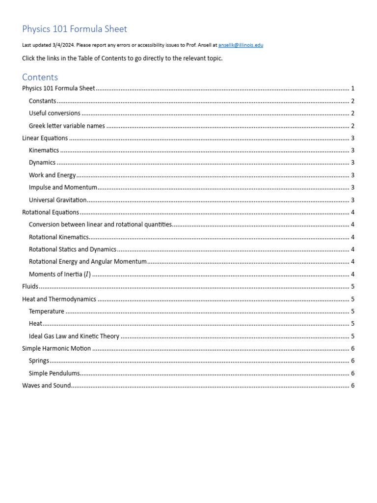 Physics 101 Essential Formula Guide | PDF | Heat | Force