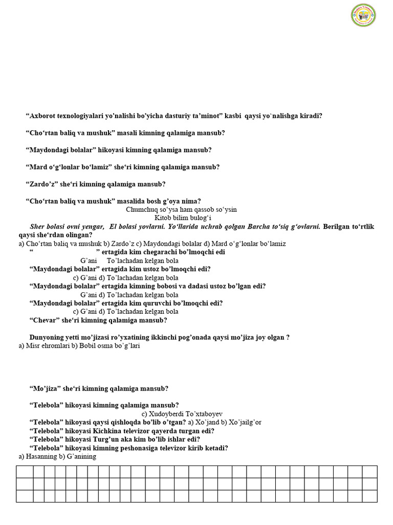 9 - Nazora Ishi O'qish 4 Sinf | PDF