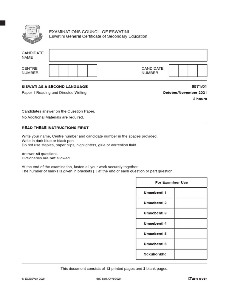 EGCSE SiSwati As A Second Language 2021 Question Paper 1-1662017428 | PDF