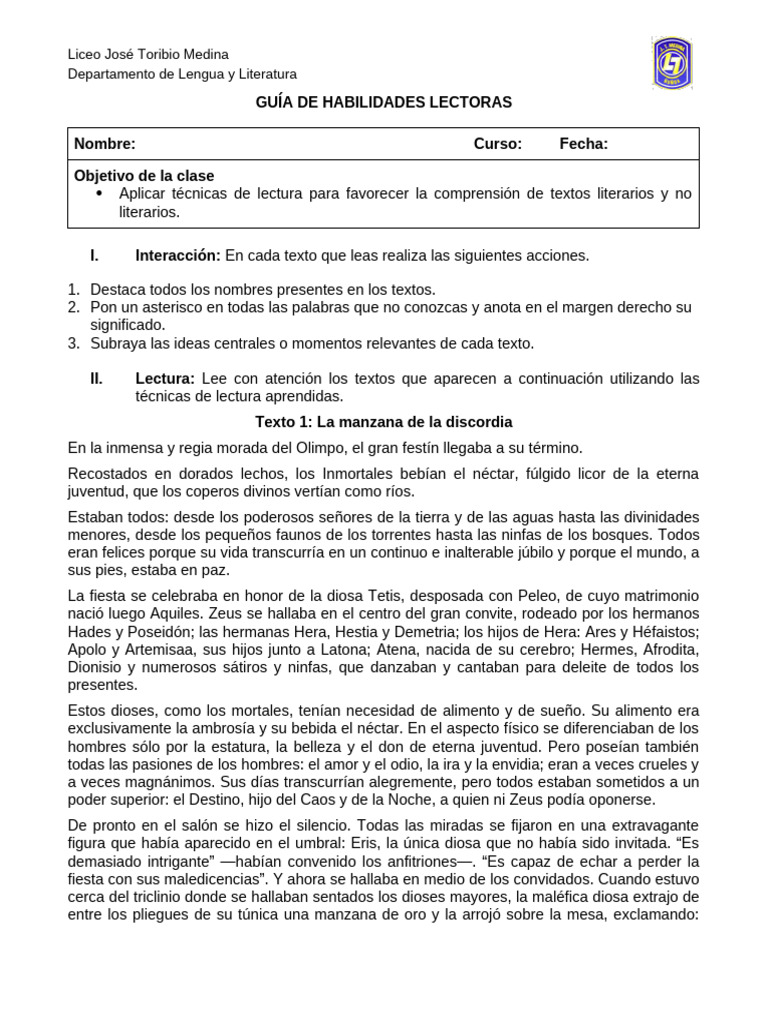 Guía de Habilidades Lectoras para Estudiantes | PDF | París (mitología ...