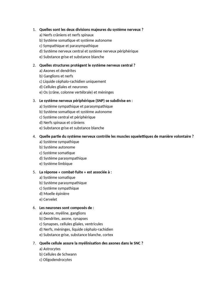Questionnaire sur le système nerveux | PDF | Système nerveux | Cerveau