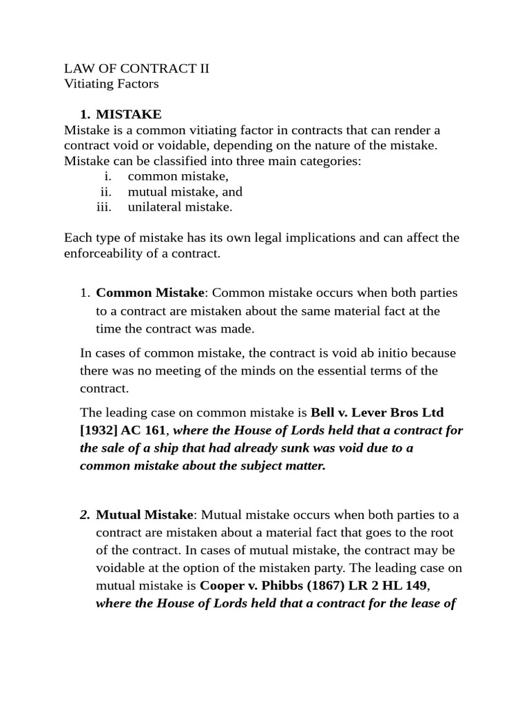 Vitiating Factors in Contract Law | PDF | Misrepresentation | Legal Remedy