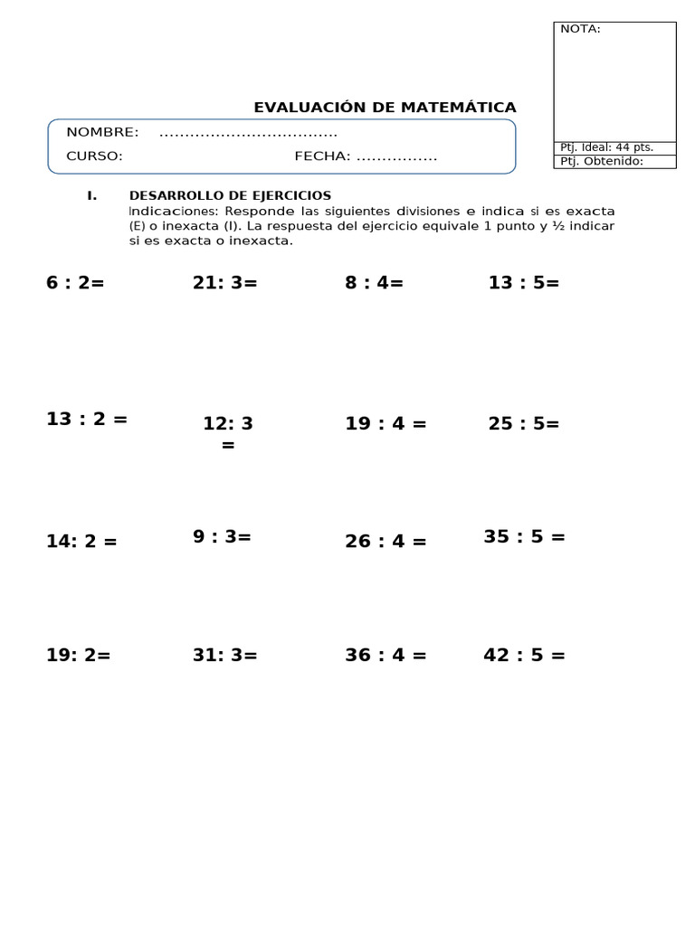 Ejercicios de Divisiones Exactas e Inexactas | PDF