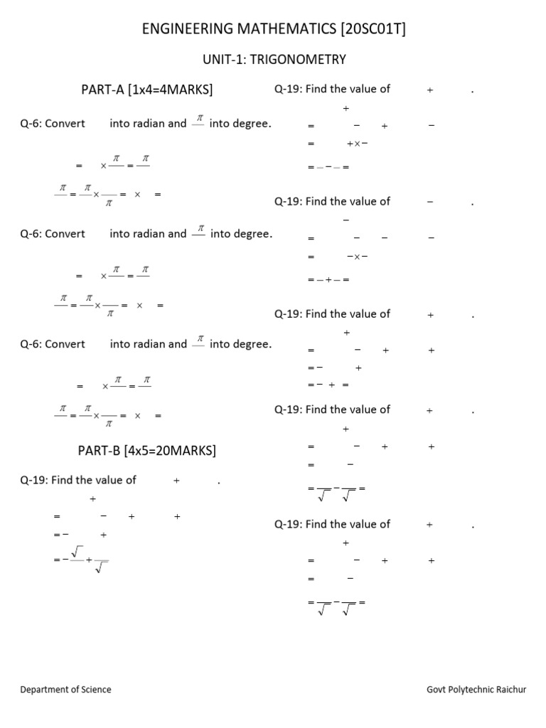 Engg Maths Trigonometry Question and Answers | PDF | Mathematical ...